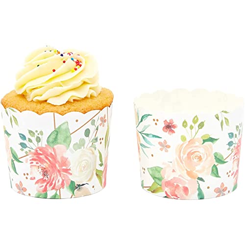 50 Pack Floral Cupcake Wrappers for Wedding, Watercolor Flower Paper Baking Cups and Muffin Liners for Tea Party (2.25 x 2.75 In)