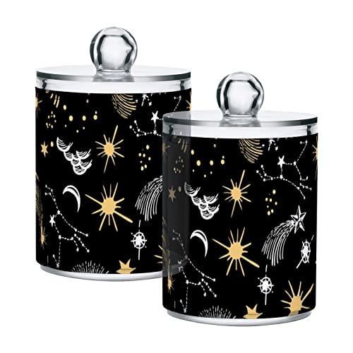 WELLDAY Apothecary Jars Bathroom Storage Organizer with Lid - 14 oz Qtip Holder Storage Canister, Yellow Stars and White Moon Clear Plastic Jar for Cotton Swab, Cotton Ball, Floss Picks, Makeup Sponge