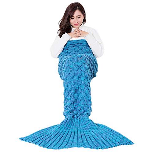 Elonglin Mermaid Tail Blanket for Kids Teens Adults, Handmade Knitted Crochet Gorgeous & Cosy Blanket, Sleeping Bag, Warmer Wearable-Blankets (Lake Blue 90 * 55cm,200g)