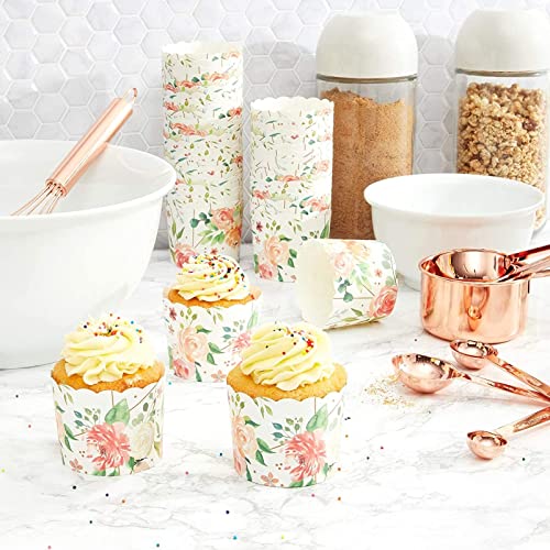 50 Pack Floral Cupcake Wrappers for Wedding, Watercolor Flower Paper Baking Cups and Muffin Liners for Tea Party (2.25 x 2.75 In)