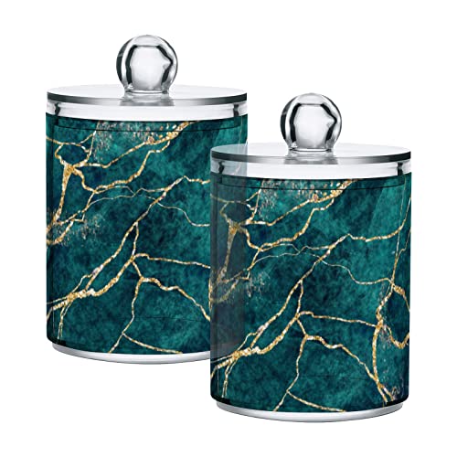 xigua 4 Pack Gold Green Marble Apothecary Jars with Lid, Qtip Holder Storage Containers for Cotton Ball, Swabs, Pads, Clear Plastic Canisters for Bathroom Vanity Organization (10 Oz)