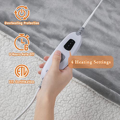 Shilucheng Heated Twin Blanket, Electric Blanket 62" x 84", Warm Fleece & Sherpa Blanket Reversible, Fast Heating with 4 Temperature Levels & 6hrs Auto Off, Machine Washable (Grey)