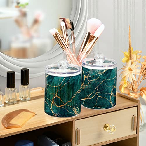 xigua 4 Pack Gold Green Marble Apothecary Jars with Lid, Qtip Holder Storage Containers for Cotton Ball, Swabs, Pads, Clear Plastic Canisters for Bathroom Vanity Organization (10 Oz)