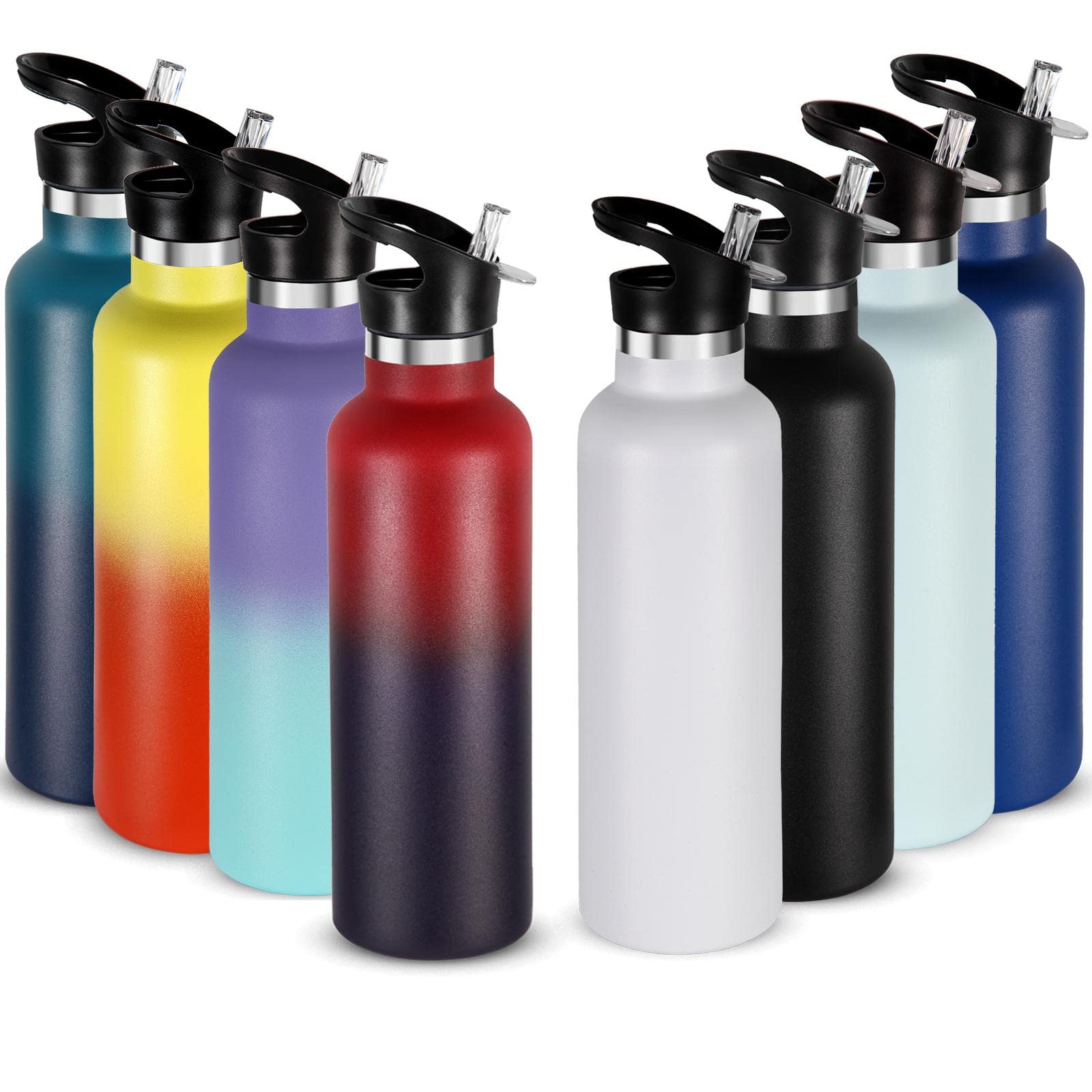 Neihepal 24oz Insulated Water Bottles Bulk 8 Pack,Stainless Steel Double Wall Sport Bottle with Straw Lid,Metal Cup Reusable Thermoses with Hand Cap for School,Cyclists,Hikers,Gift(Assorted,8 Count)
