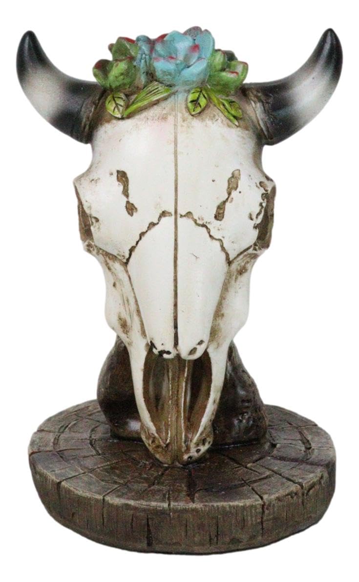 Ebros Gift Southwest Aged Bone Bull Cow Steer Head Skull with Floral Succulents Sculpture On Round Wooden Slice Base As Bisons Steers Cows Fossil Faux Taxidermy Rustic Western Decor Sculpture