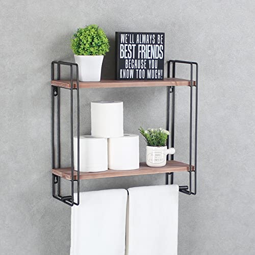 Industrial Bathroom Shelves with Towel Bar,24 inch Rustic Racks for Bathroom,2 Layers Farmhouse Rack Over Toilet,Pipe Wall Mounted,Home Decor Floating Holder (Gray)