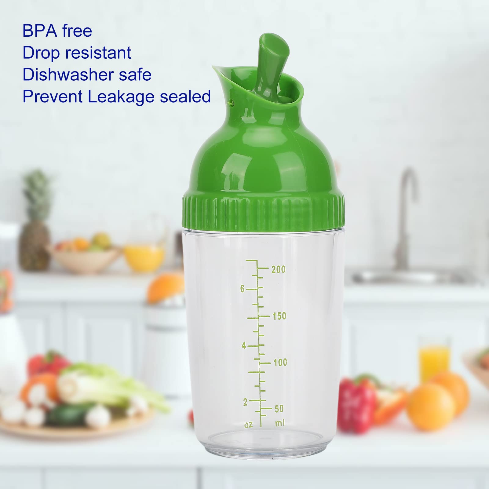 Dechoga Salad Dressing Container,200ml Salad Dressing Shaker,Salad Dressing Shaker Container Dripless Pour,Leak-free,Soft Grip,Homemade Salad Dressing Bottle Mixer Measure with Lid (Green)