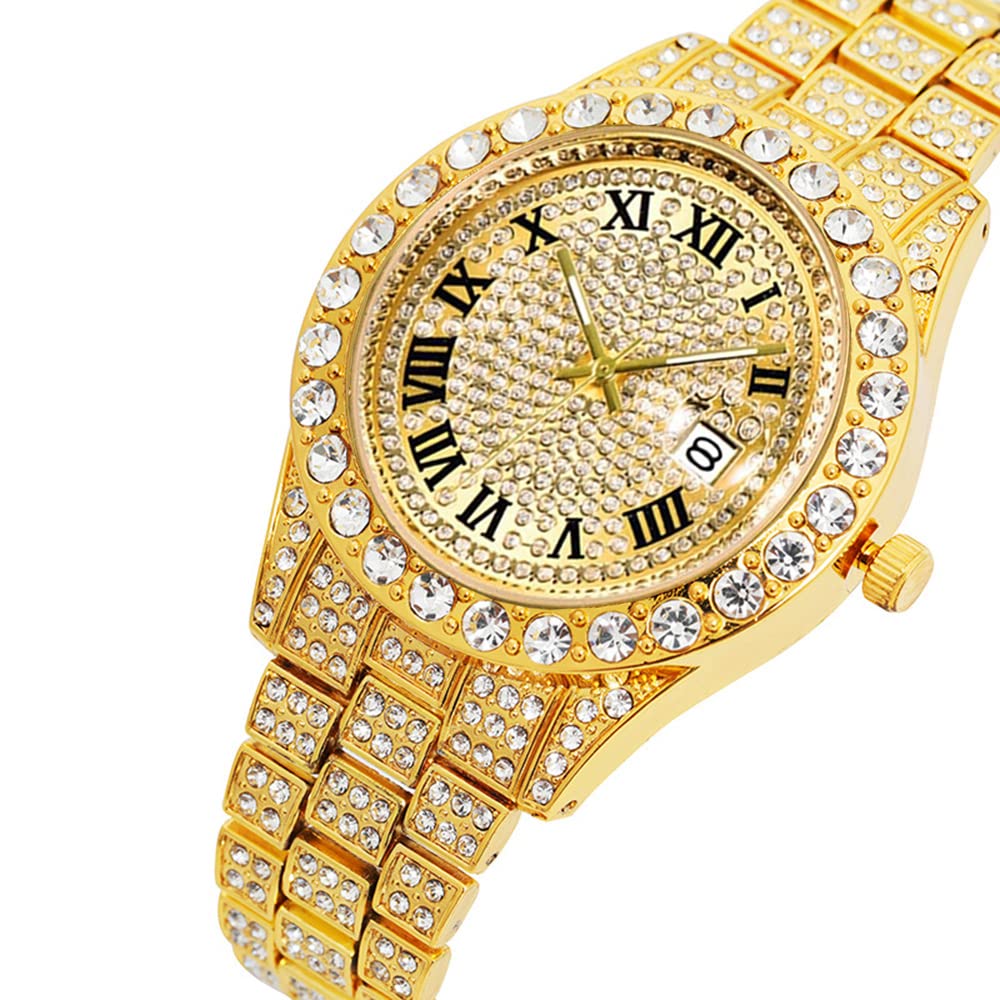 HUNRUY Hip Hop Watches for Men Iced-Out Bling Diamond Luxury Quartz Watches with Date (42mm Face Gold Diamond)