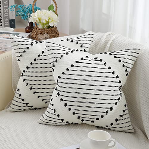 Mecatny Boho Throw Pillow Covers Black and Cream White Pillow Covers 18X18 Set of 2 Farmhouse Decorative Pillow Covers for Couch Sofa Living Room