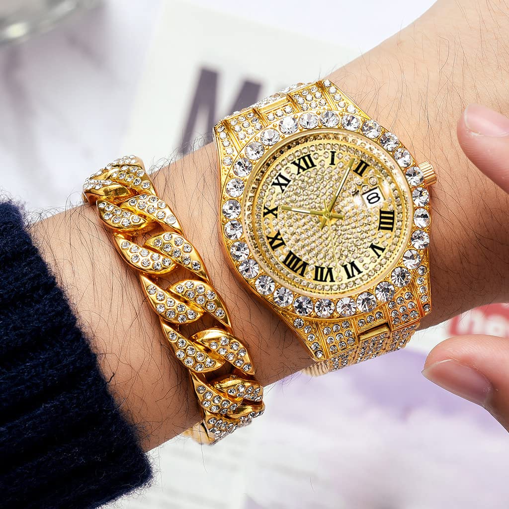 HUNRUY Hip Hop Watches for Men Iced-Out Bling Diamond Luxury Quartz Watches with Date (42mm Face Gold Diamond)
