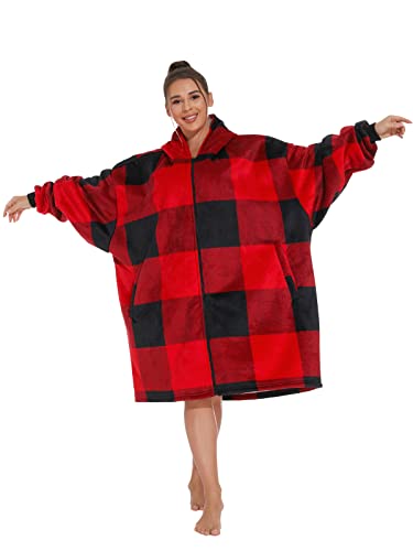 BALEINEHOME Oversized Wearable Blanket Hoodie, Thick Sherpa Fleece Super Warm Blanket Sweatshirt with Zippers and Giant Pocket, for Women and Men (Buffalo Check Red/Black, Zipper)
