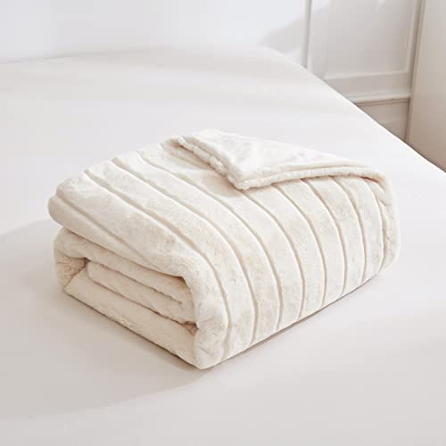 Luxury Decorative Striped Faux Fur Throw Blanket 60"x 80" for Couch Sofa Bed in Ivory White, Lightweight, Soft & Cozy