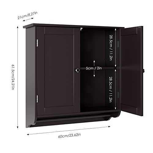 FOTOSOK Bathroom Wall Cabinet with 2 Doors and Adjustable Shelf, 23.6"x24.2" Medicine Cabinet Above Toilet, Wall-Mounted Bathroom Storage Cabinets with a Towel Bar for Bedroom, Kitchen, Dark Brown