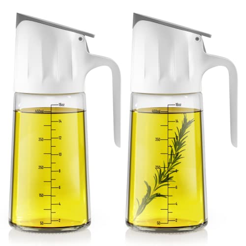 DWËLLZA KITCHEN Cooking Oil Dispenser Bottles for Kitchen – Drizzle Oil, Dressing & Coffee Syrup from Your Drip-Free, Auto-Open, 17 Oz Oil Bottles – Gray 2-Pack Glass Olive Oil Dispenser Bottle