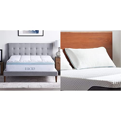 LUCID 4 Inch Down Alternative and Gel Memory Foam Mattress Topper, King, White & Premium Shredded Memory Foam Pillow-Hypoallergenic-Adjustable Loft-2 Pack, Standard (Pack of 2), White 2 Count