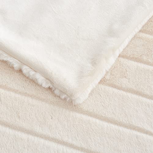Luxury Decorative Striped Faux Fur Throw Blanket 60"x 80" for Couch Sofa Bed in Ivory White, Lightweight, Soft & Cozy