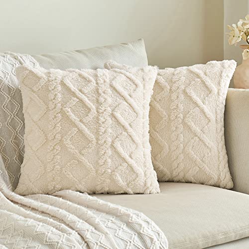 MIULEE Pack of 2 Decorative Faux Wool Throw Pillow Covers Soft Plush Fuzzy Short Fleece Square Patterned Cushion Cases Solid Pillowcases Couch for Bed Sofa Living Room 18 X 18 Inch Beige