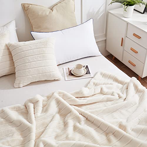 Luxury Decorative Striped Faux Fur Throw Blanket 60"x 80" for Couch Sofa Bed in Ivory White, Lightweight, Soft & Cozy