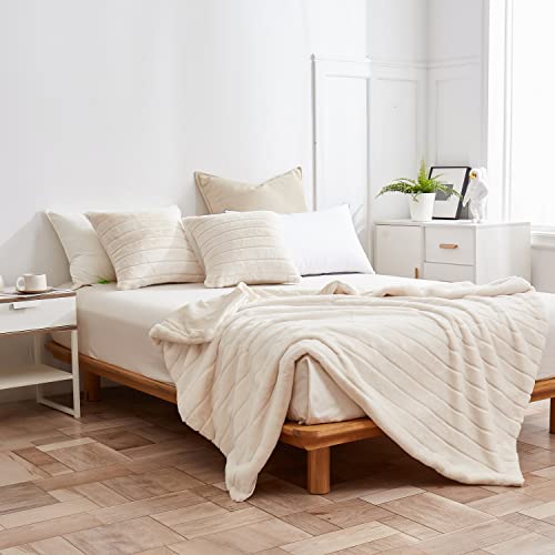 Luxury Decorative Striped Faux Fur Throw Blanket 60"x 80" for Couch Sofa Bed in Ivory White, Lightweight, Soft & Cozy