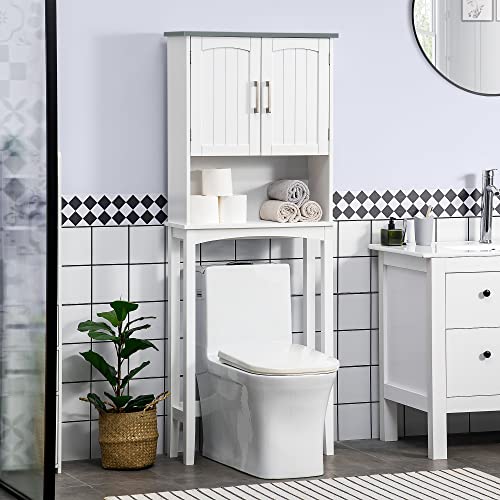 kleankin Modern Over The Toilet Storage Cabinet, Double Door Over Toilet Bathroom Organizer with Adjustable Shelf and Open Shelf, Grey
