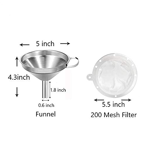 IAXSEE 5-Inch Funnel with Fine Mesh Strainer, 304 Stainless Steel Funnel with Extra Fine Mesh Strainer 200 Mesh Cooking Oil Filter Strainer for Juice Strainer Oil Strainer (Stainless Steel)