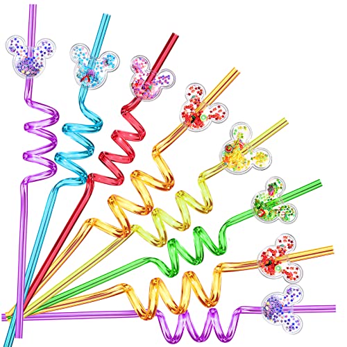 24 Glitter Mouse Ear Party Favors Reusable Drinking Straws 6 Designs Great for Minnie Theme Birthday Party Supplies with 2 Cleaning Brushes