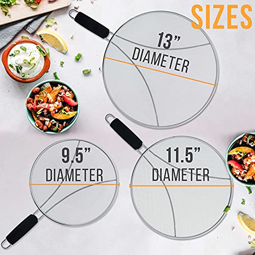 U.S. Kitchen Supply 13", 11.5", 9.5" Stainless Steel Fine Mesh Splatter Screen with Resting Feet Set, Black Handles