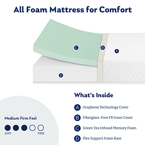 Full Mattress, 6 Inch Memory Foam Mattress Bed in a Box, Medium, Green Tea and Cooling Gel Infused CertiPUR-US Certified, Made in USA