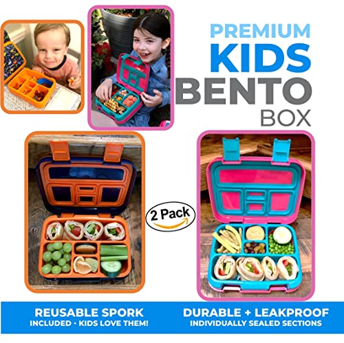 Bento Lunch Box for Kids Toddlers Boys Girls, 5 Portion Sections Secure Lid, Microwave Safe BPA Free Removable Tray, Pre-School Kid Daycare Lunches Snack Container, Unicorn Dinosaur 2 pack