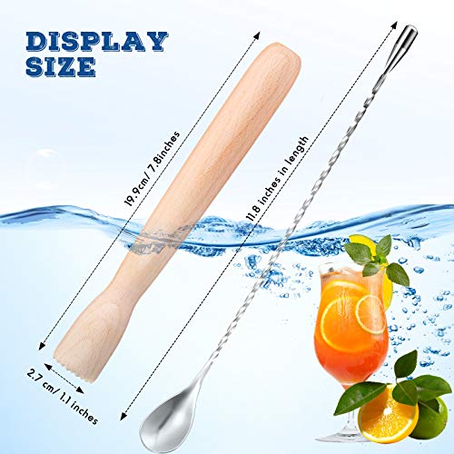 Wooden Cocktail Muddler Drinks Muddler Bar Muddler and 12 Inches Spiral Mixing Spoon Stainless Steel Shaker Spiral Spoon for Making Cocktails Drinks Juice (Simple Style)