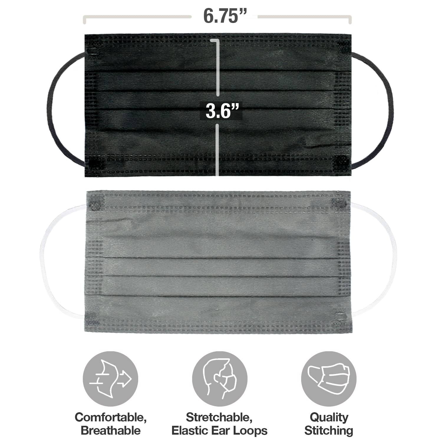 CBC Crown 3-Ply Disposable Protective Face Masks Earloop, Dust Filter Mouth Cover Black, Blue for Adult Men & Women (50 PC - Black & Gray)