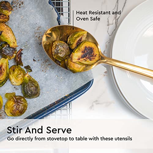 Brass/Gold Cooking Utensils Set for Modern Cooking and Serving - 5 PC Dishwasher Safe Stainless Steel Gold Utensils Set - Gold Serving Spoon, Gold Ladle - Gold Kitchen Utensils for Gold Kitchen
