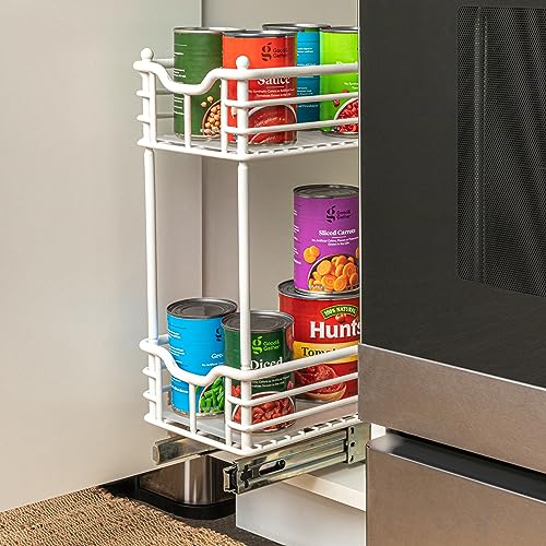 Household Essentials Glidez Multipurpose Paint-Finished Steel Pull-Out/Slide-Out Storage Organizer with Plastic Liner for Under Cabinet Use - 2-Tier Design - Fits Standard Size Cabinet or Shelf, White