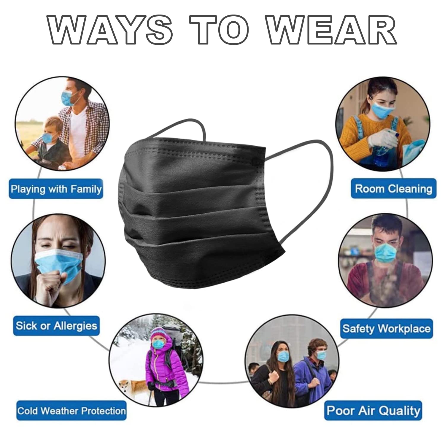 CBC Crown 3-Ply Disposable Protective Face Masks Earloop, Dust Filter Mouth Cover Black, Blue for Adult Men & Women (50 PC - Black & Gray)