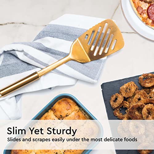 Brass/Gold Cooking Utensils Set for Modern Cooking and Serving - 5 PC Dishwasher Safe Stainless Steel Gold Utensils Set - Gold Serving Spoon, Gold Ladle - Gold Kitchen Utensils for Gold Kitchen
