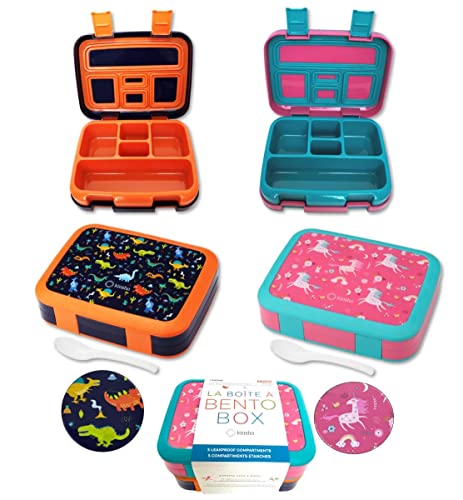 Bento Lunch Box for Kids Toddlers Boys Girls, 5 Portion Sections Secure Lid, Microwave Safe BPA Free Removable Tray, Pre-School Kid Daycare Lunches Snack Container, Unicorn Dinosaur 2 pack
