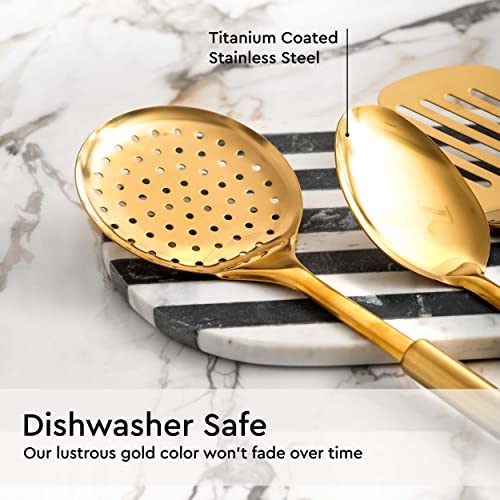 Brass/Gold Cooking Utensils Set for Modern Cooking and Serving - 5 PC Dishwasher Safe Stainless Steel Gold Utensils Set - Gold Serving Spoon, Gold Ladle - Gold Kitchen Utensils for Gold Kitchen