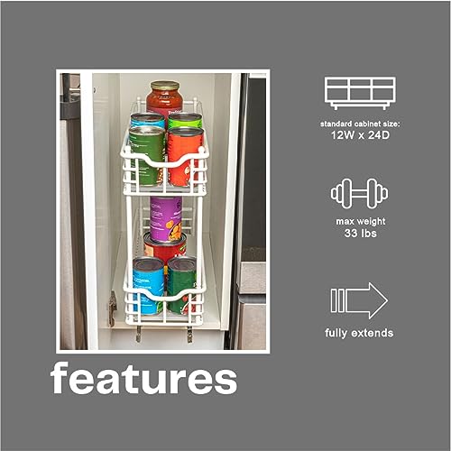 Household Essentials Glidez Multipurpose Paint-Finished Steel Pull-Out/Slide-Out Storage Organizer with Plastic Liner for Under Cabinet Use - 2-Tier Design - Fits Standard Size Cabinet or Shelf, White
