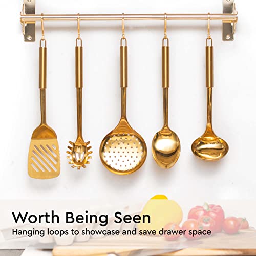 Brass/Gold Cooking Utensils Set for Modern Cooking and Serving - 5 PC Dishwasher Safe Stainless Steel Gold Utensils Set - Gold Serving Spoon, Gold Ladle - Gold Kitchen Utensils for Gold Kitchen