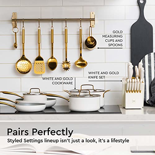 Brass/Gold Cooking Utensils Set for Modern Cooking and Serving - 5 PC Dishwasher Safe Stainless Steel Gold Utensils Set - Gold Serving Spoon, Gold Ladle - Gold Kitchen Utensils for Gold Kitchen