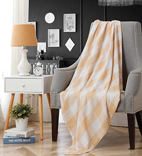 MoreverSparn 70% Bamboo 30% Cotton Muslin Throw Blanket, Buffalo Check Pattern, Soft and Breathable Gauze, Khaki Gingham Bedding