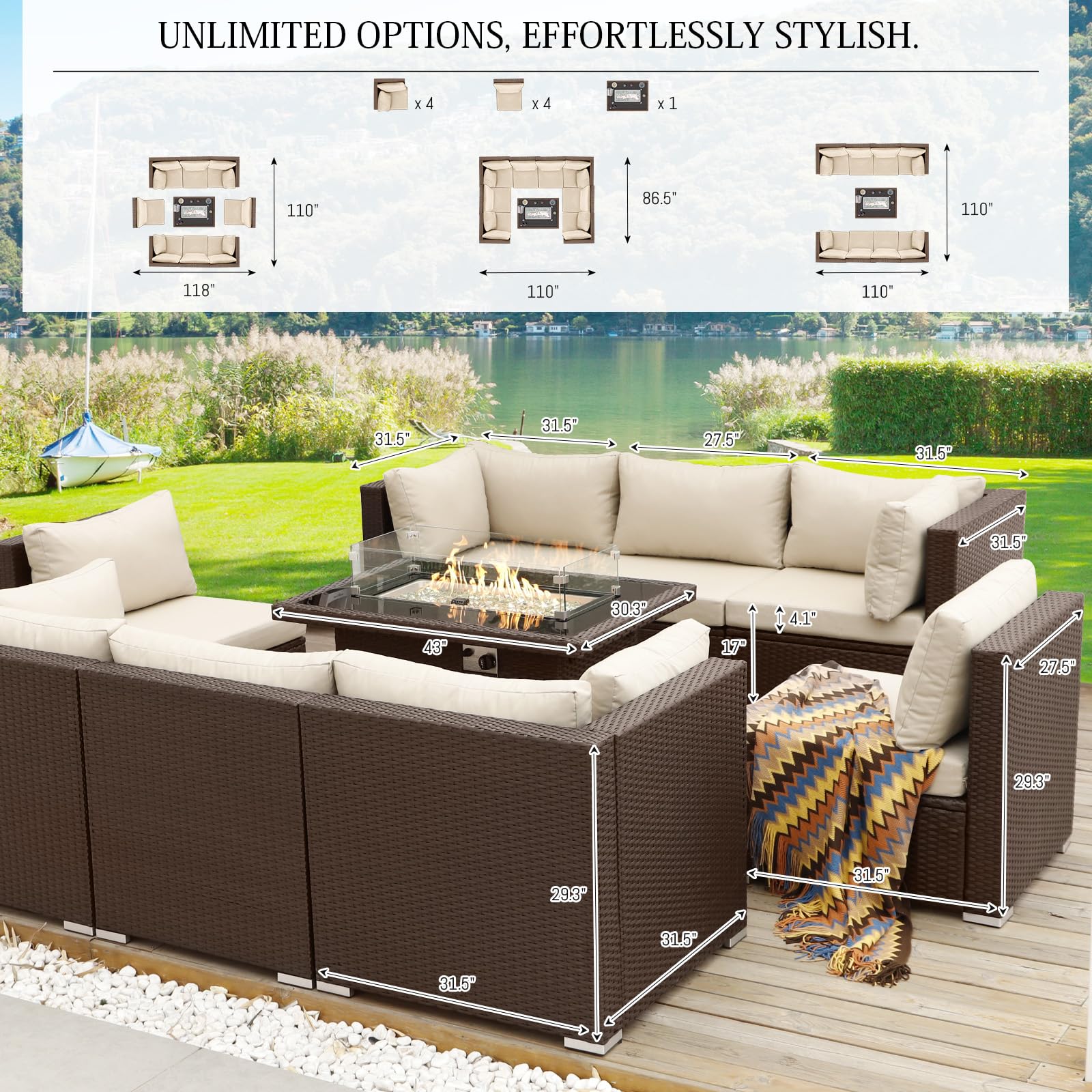 BULEXYARD High Back Brown PE Rattan Outdoor Patio Furniture Set with Propane Fire Pit Table, Large Wicker Outside Sectional Furniture Sofa Conversation Sets for Backyard(Beige, 9Pcs-B)