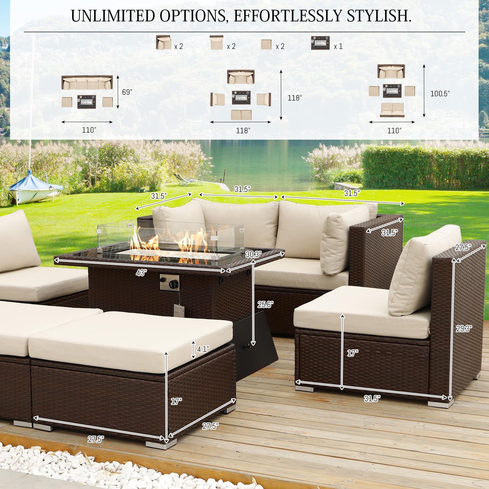 BULEXYARD High Back Brown PE Rattan Outdoor Patio Furniture Set with Propane Fire Pit Table, Large Wicker Outside Sectional Furniture Sofa Conversation Sets for Backyard(Beige, 7Pcs)