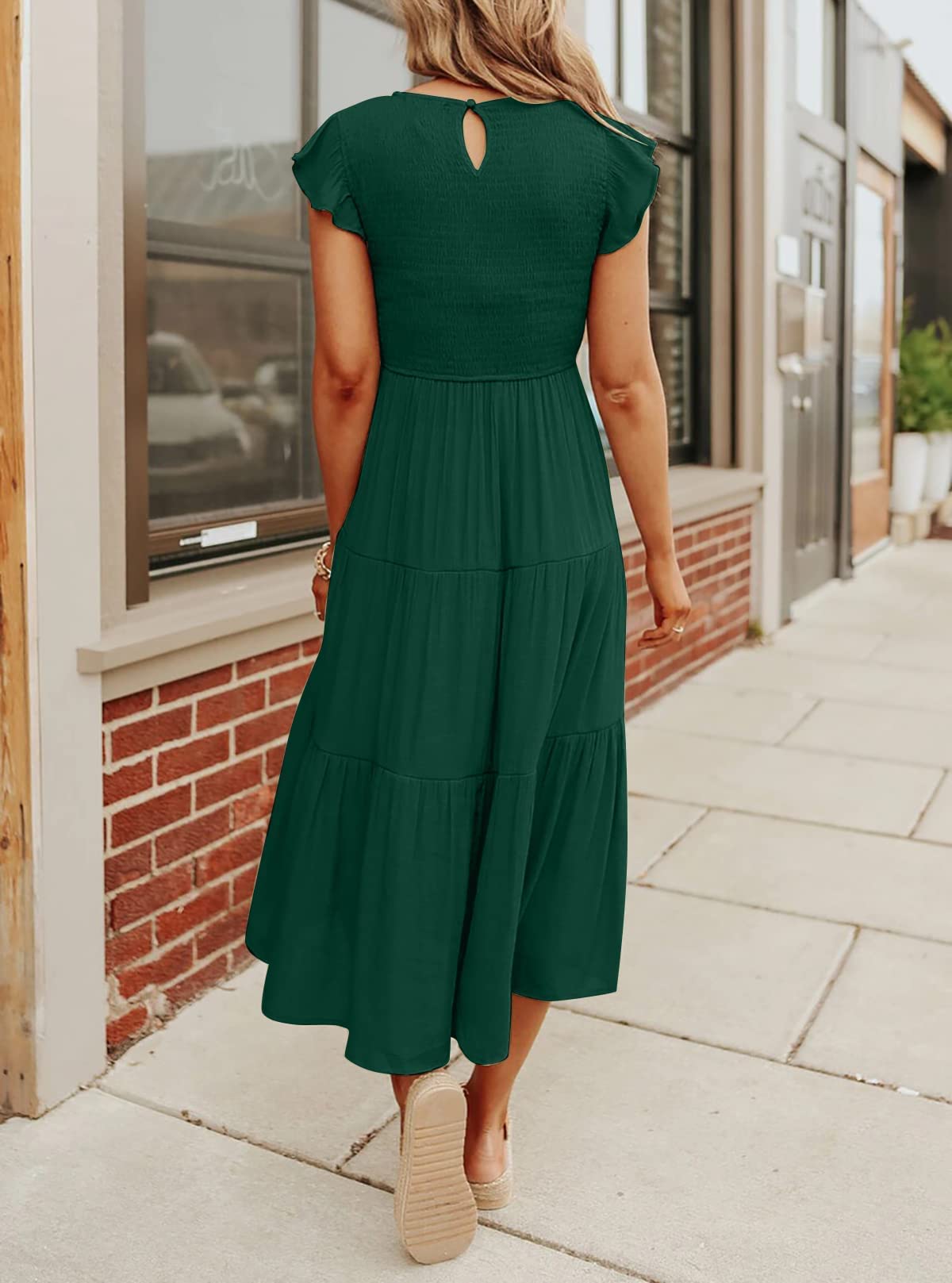 MEROKEETY Women's Summer Casual Short Sleeve Round Neck Smocked High Waist Flowy Sun Midi Dress,ForestGreen,L
