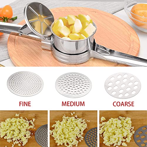 Potato Ricer Stainless Steel Potato Masher, Food Ricer, Fruit and Vegetables Press with 3 Removable and Interchangeable Discs, Manual Masher Ricer Kitchen Tool