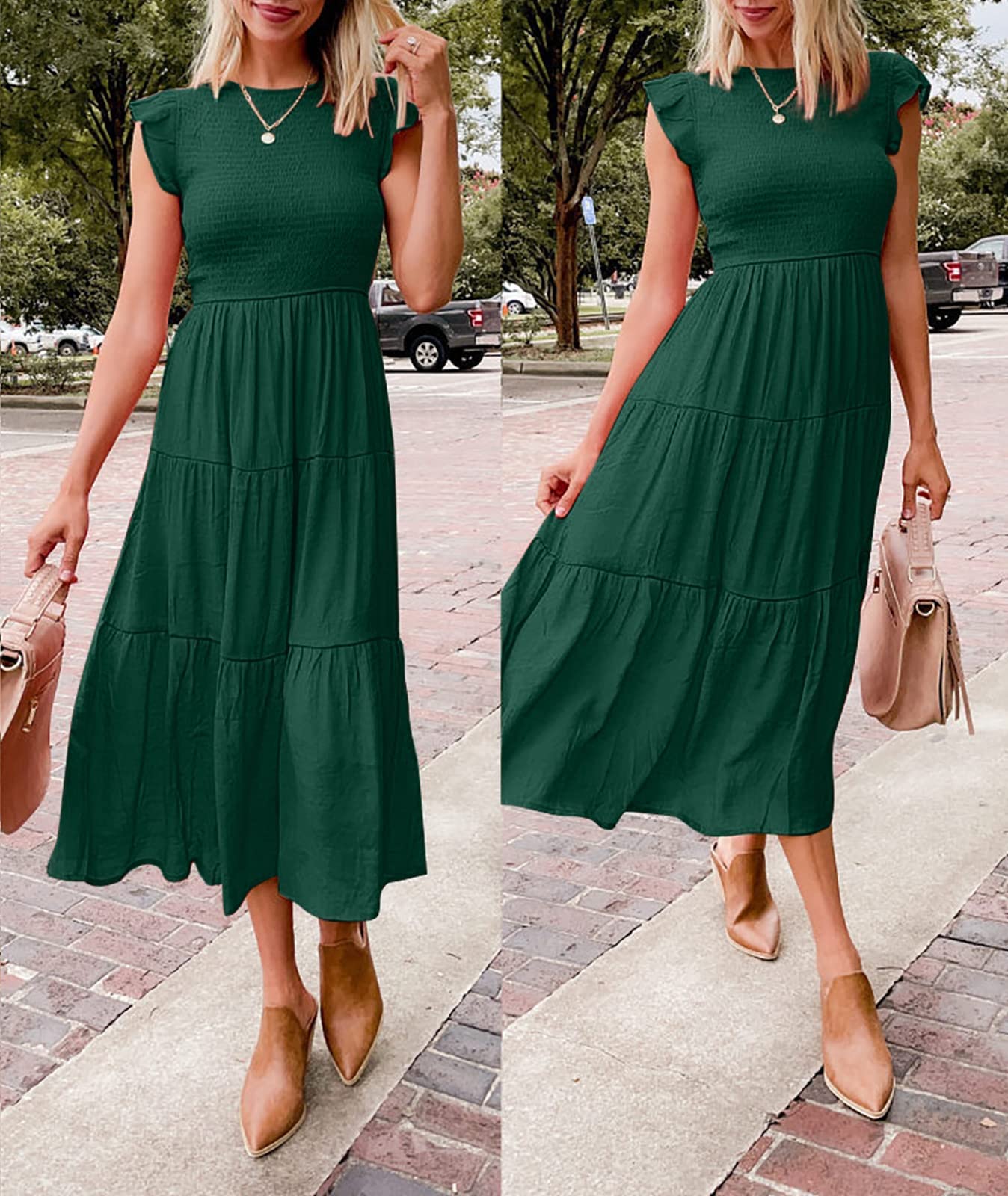 MEROKEETY Women's Summer Casual Short Sleeve Round Neck Smocked High Waist Flowy Sun Midi Dress,ForestGreen,L