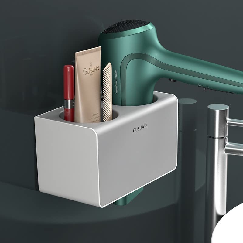 Hair Dryer Holder Wall Mounted, Self Adhesive Blow Dryer Rack for Bathroom, New Upgrade Hanging Hair Dryer Hair Tool Organizer Bracket with Storage Compartment for Most Hair Dryers(Grey)