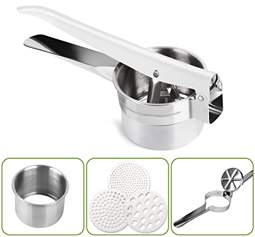 Potato Ricer Stainless Steel Potato Masher, Food Ricer, Fruit and Vegetables Press with 3 Removable and Interchangeable Discs, Manual Masher Ricer Kitchen Tool