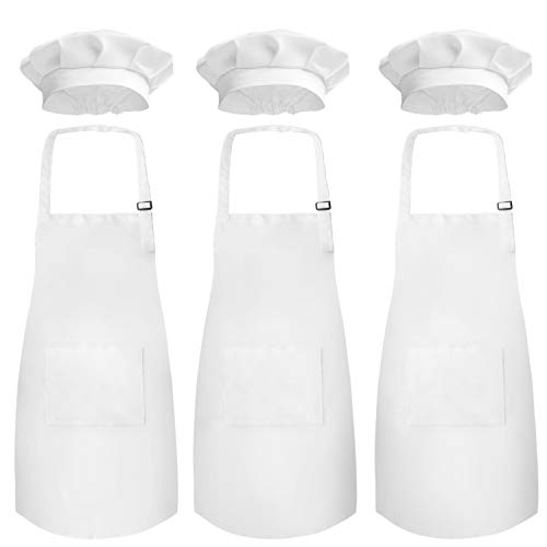 Novelty Place Kid's Apron with Chef Hat Set (3 Set) - Skin-friendly Childrenβs Bib with Pocket - Cooking, Baking, Painting, Training Wear - Kid's Size (6-12 Year, White)