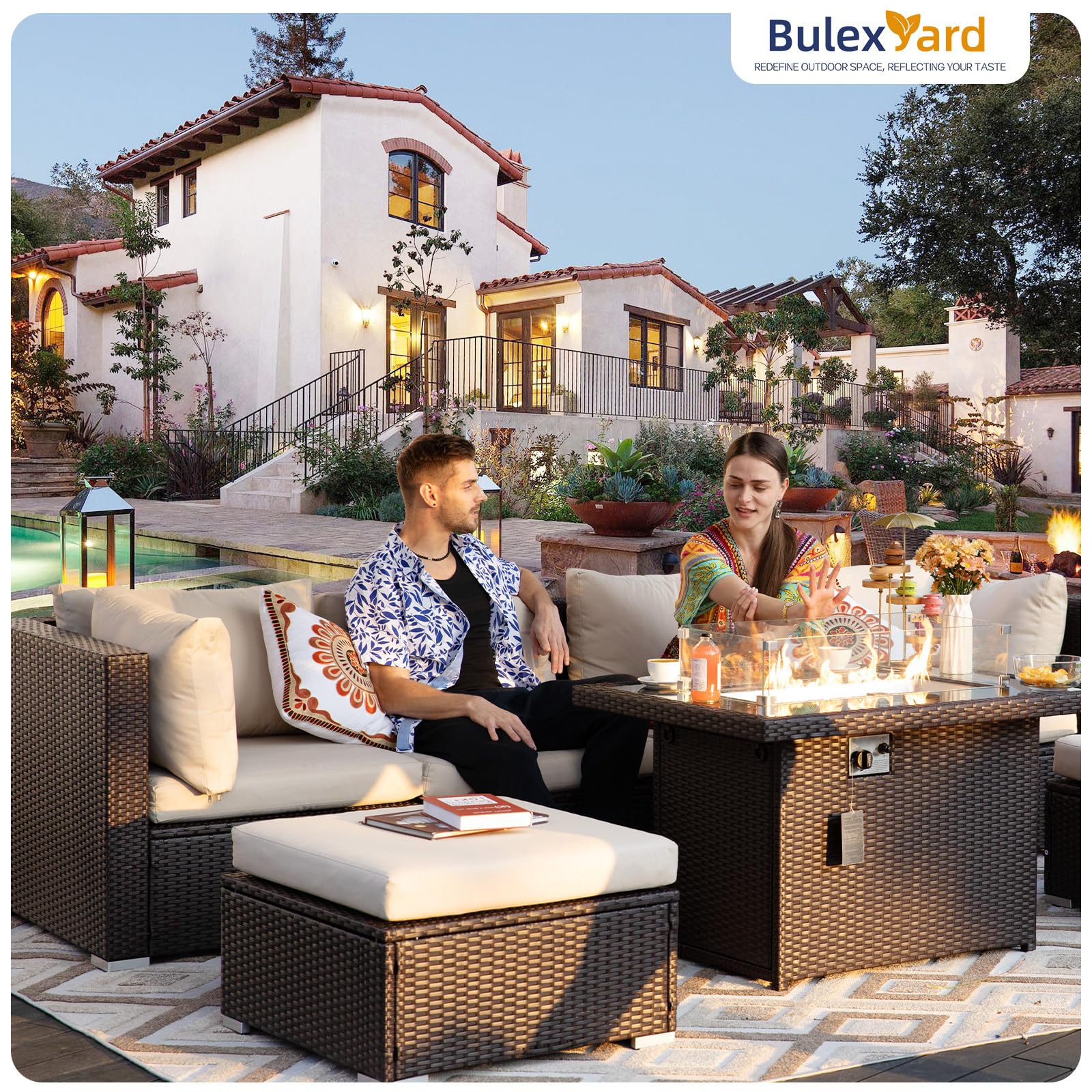 BULEXYARD High Back Brown PE Rattan Outdoor Patio Furniture Set with Propane Fire Pit Table, Large Wicker Outside Sectional Furniture Sofa Conversation Sets for Backyard(Beige, 7Pcs)